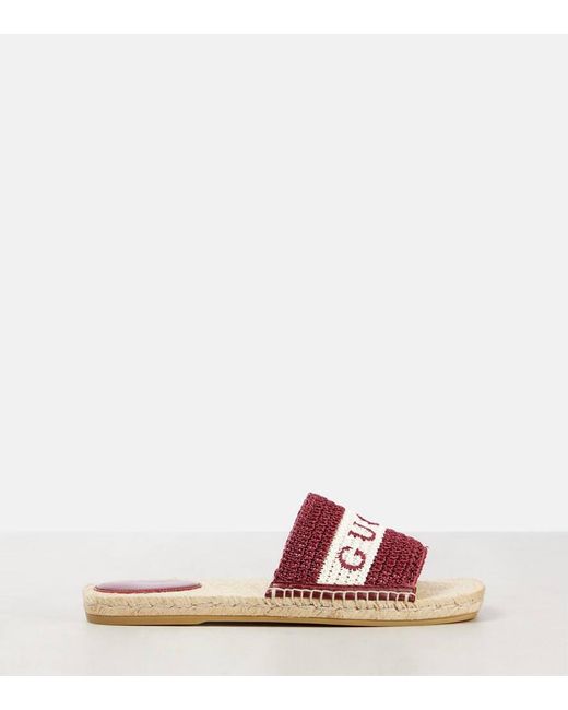 Gucci Logo Embroidered Raffia Espadrille Slides in Brown | Lyst