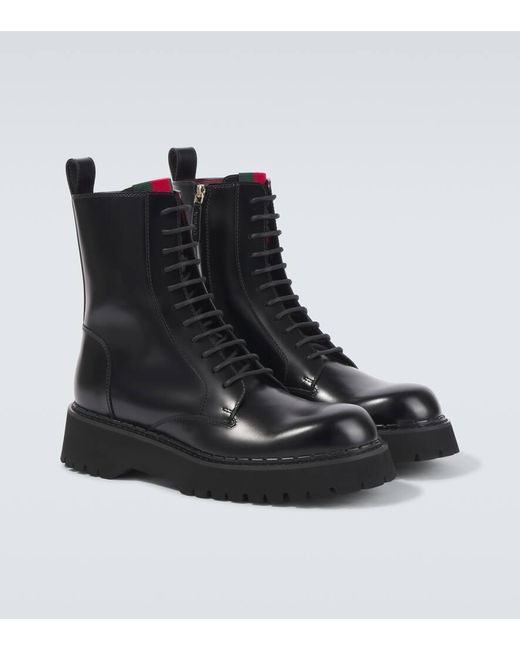 Gucci Web Stripe Leather Lace-Up Boots in Black for Men | Lyst