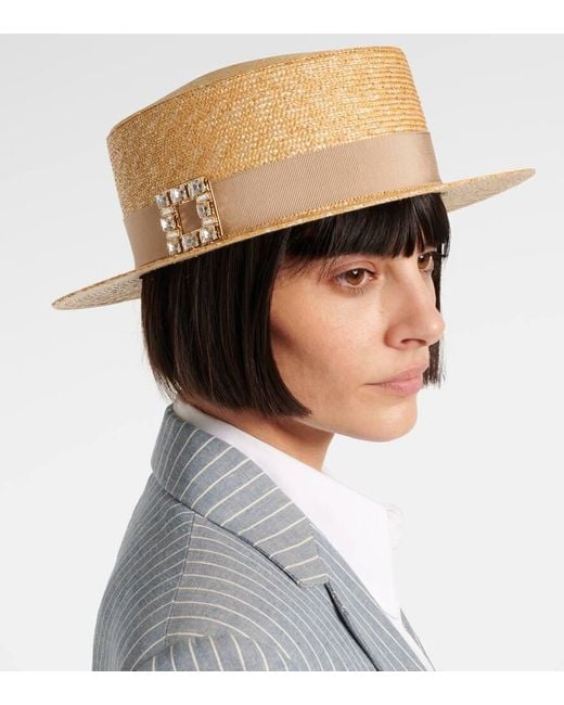 Roger Vivier Tres Vivier Embellished Raffia Boater Hat in Natural | Lyst