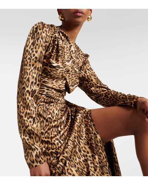 Costarellos Lala Leopard-Print Satin Midi Dress in Natural | Lyst