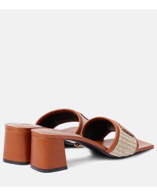 Versace Theia Barocco Leather-Trimmed Raffia Mules in Brown | Lyst