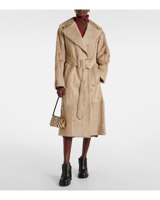 Burberry Shearling Trench Coat in Natural | Lyst