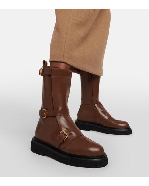 Max Mara Bucklesboot Leather Ankle Boots in Brown | Lyst
