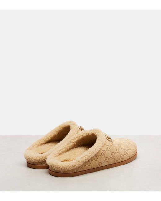Gucci New Sol Shearling-Trimmed Suede Clogs in Natural | Lyst UK