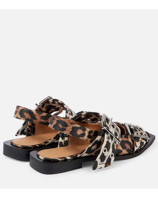 Ganni Leopard-print Satin Slingback Flats in Brown | Lyst