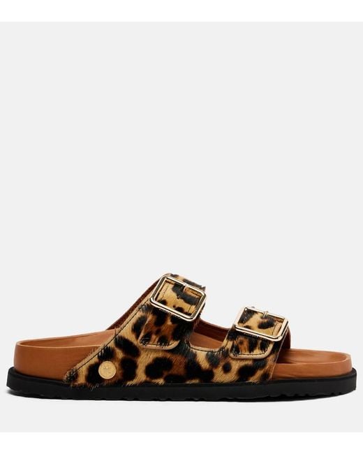 Birkenstock Arizona Leopard-Print Calf Hair Slides in Brown | Lyst UK