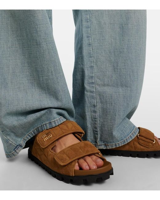 Miu Miu Quilted Suede Slides in Brown | Lyst
