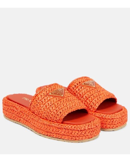 Prada Logo Raffia Platform Slides in Orange | Lyst