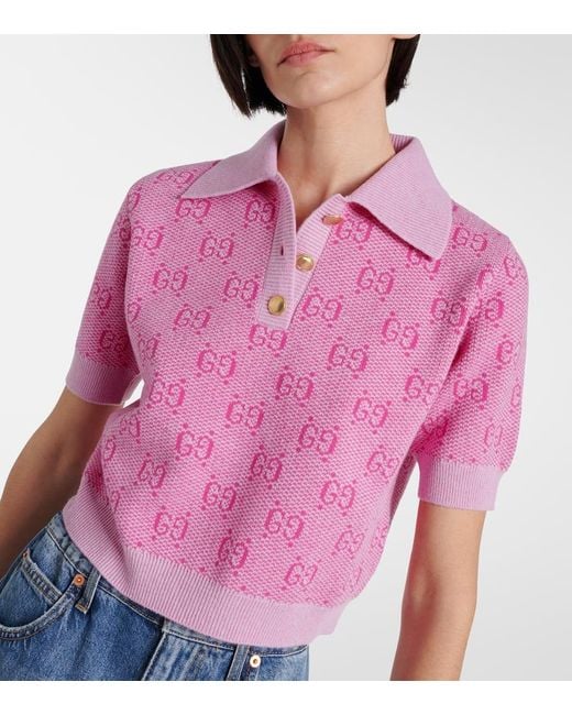 Gucci Gg Cropped Wool Jacquard Polo Shirt in Pink | Lyst