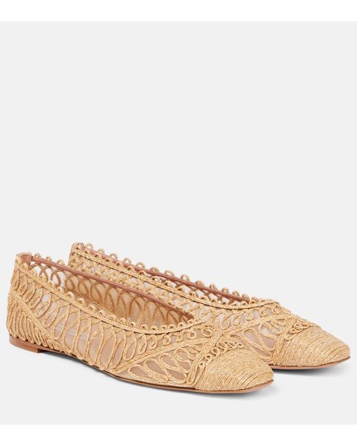Aquazzura Kahlo Raffia And Mesh Ballet Flats in Natural | Lyst
