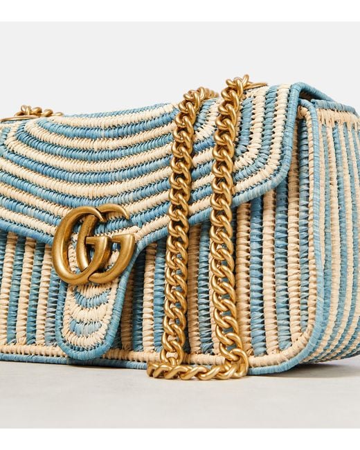 Gucci GG Marmont Small Raffia Shoulder Bag in Blue | Lyst