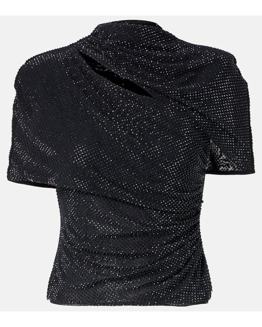 Self-Portrait Draped Embellished Mesh Top in Black | Lyst
