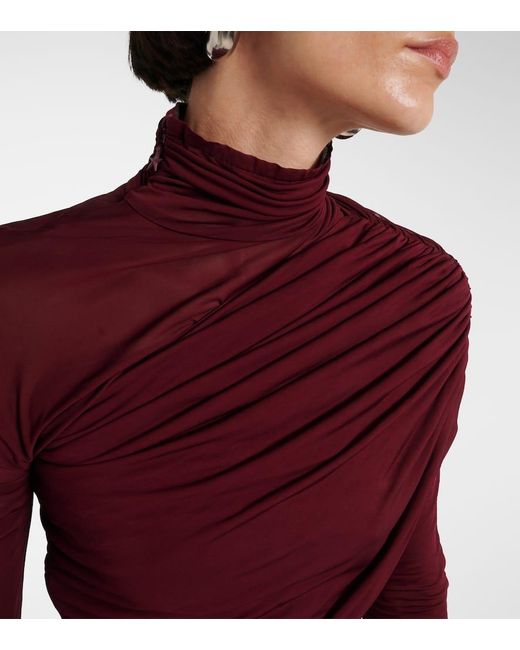 Mugler Sheer Ruched Midi Dress in Red | Lyst