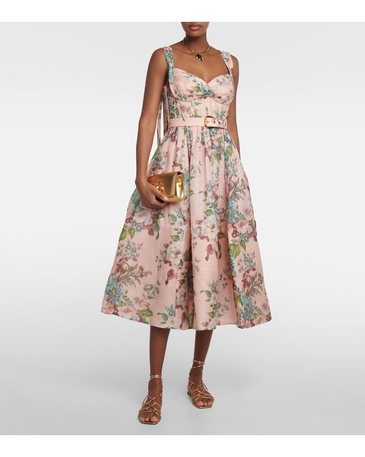 Zimmermann Matchmaker Linen And Silk Midi Dress in Pink | Lyst