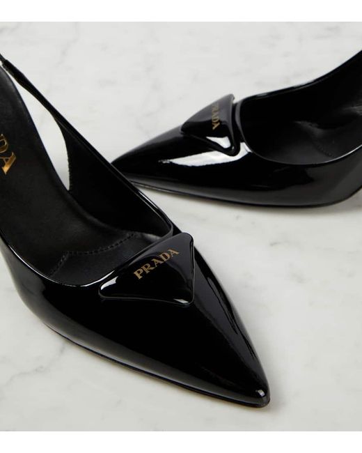 Prada Logo Patent Leather Slingback Pumps in Black | Lyst