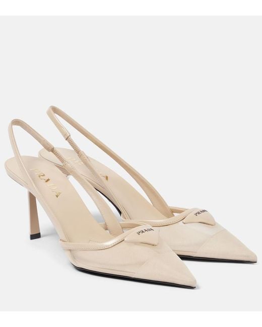 Prada Logo Leather-Trimmed Mesh Slingback Pumps in Natural | Lyst