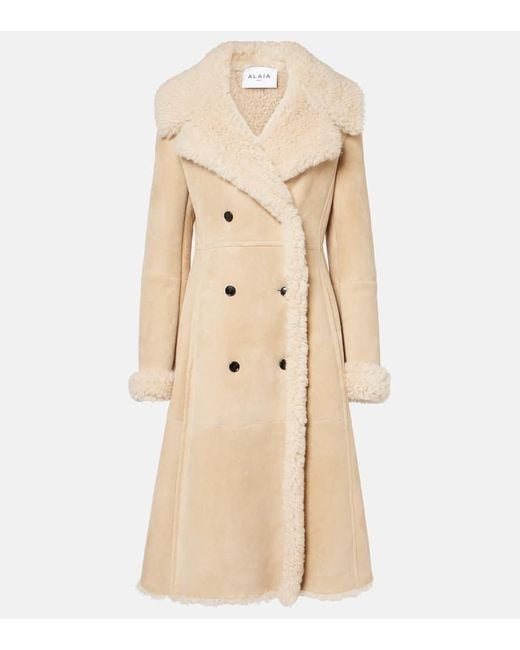 Alaïa Shearling-Trimmed Suede Coat in Natural | Lyst