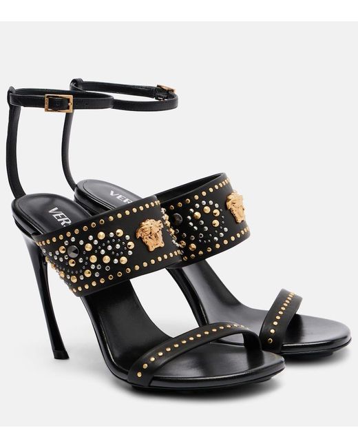 Versace La Medusa 105 Studded Leather Sandals in Black | Lyst UK