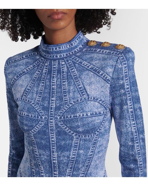 Balmain Jacquard Denim-Effect Mini Dress in Blue | Lyst UK
