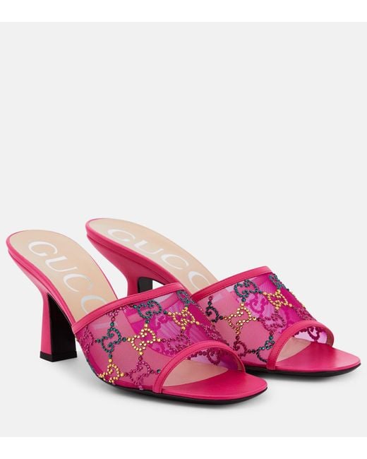 Gucci GG Embellished Mesh Mules in Pink | Lyst