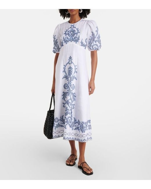 ALÉMAIS Hazel Embroidered Linen Midi Dress in Blue | Lyst