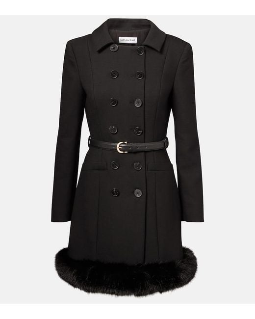 Self-Portrait Belted Faux Fur-Trimmed Minidress in Black | Lyst UK