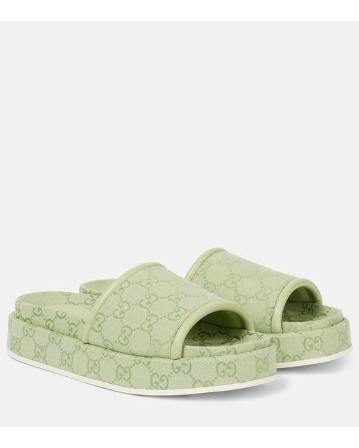Gucci Clarice Leather-Trimmed Logo-Jacquard Canvas Platform Slides in ...