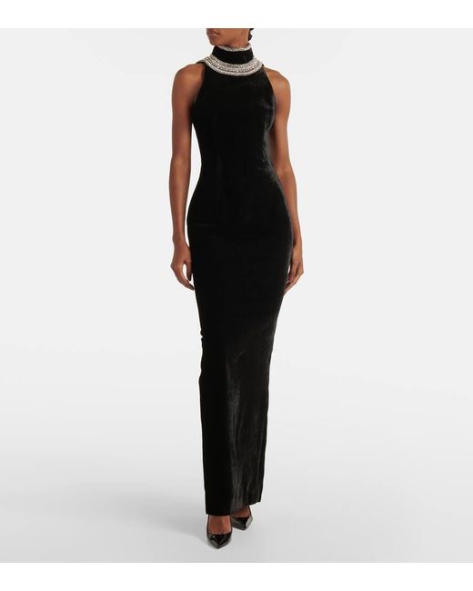 Balmain Crystal-embellished Velvet Gown in Black | Lyst