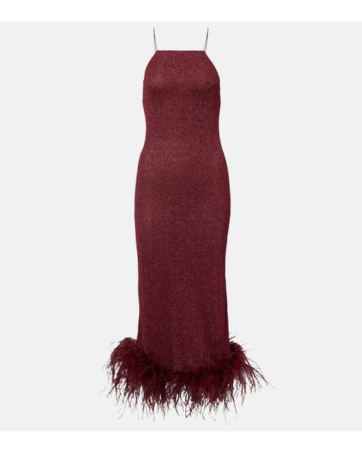 Oséree Lumiere Feather-Trimmed Midi Dress in Red | Lyst