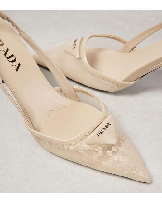 Prada Logo Leather-Trimmed Mesh Slingback Pumps in Natural | Lyst
