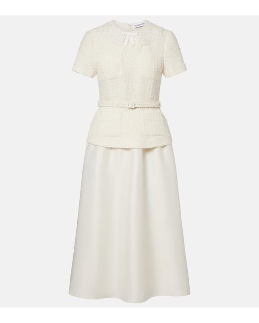 Self-Portrait Paneled Boucle And Taffeta Midi Dress in Natural | Lyst