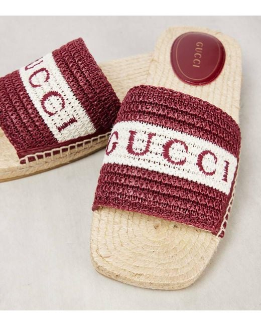 Gucci Logo Embroidered Raffia Espadrille Slides in Brown | Lyst