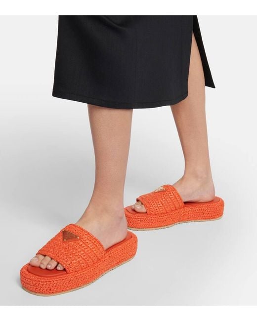 Prada Logo Raffia Platform Slides in Orange | Lyst