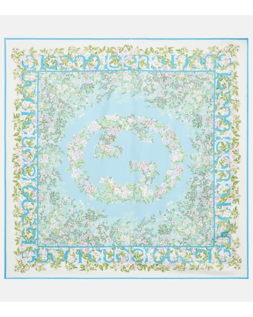 Gucci Gg Floral Silk Twill Scarf in Blue | Lyst