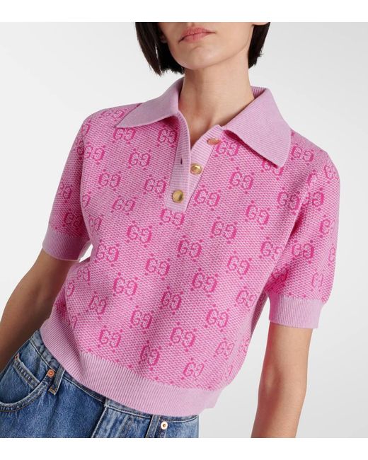 Gucci Gg Cropped Wool Jacquard Polo Shirt in Pink | Lyst