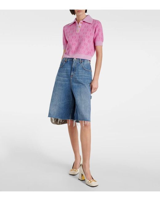Gucci Gg Cropped Wool Jacquard Polo Shirt in Pink | Lyst