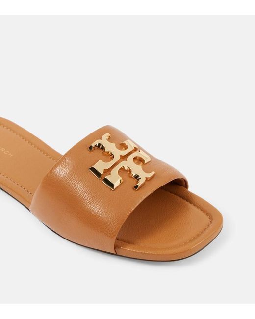 Tory Burch Eleanor T Monogram Leather Slides in Brown | Lyst