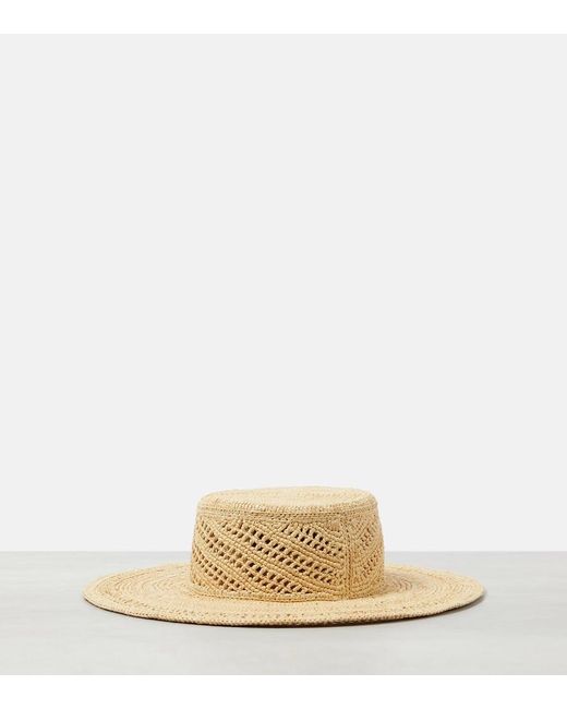 Loewe Logo Leather-trimmed Raffia Boater Hat in Natural | Lyst