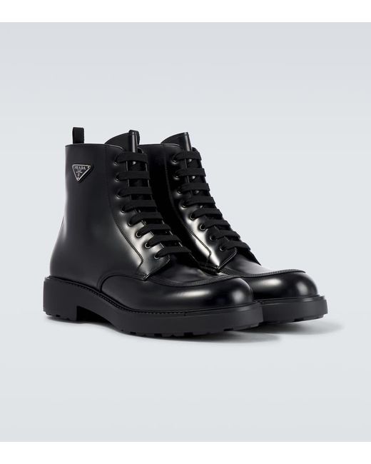 Prada Brushed Leather Logo Lace-Up Boots in Black for Men | Lyst