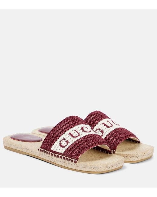 Gucci Logo Embroidered Raffia Espadrille Slides in Brown | Lyst