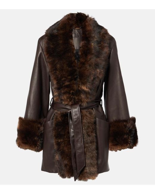 Chloé Shearling-Trimmed Leather Wrap Jacket in Brown | Lyst