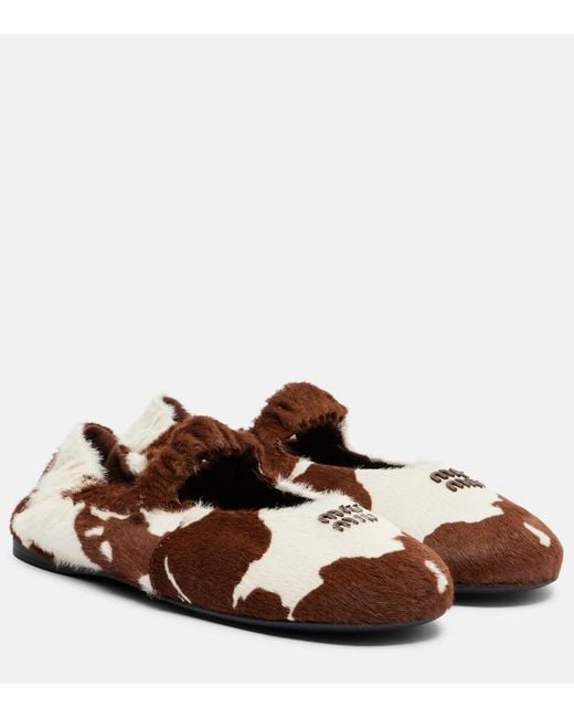 Miu Miu Cow-Print Calf Hair Mary Jane Flats in Brown | Lyst