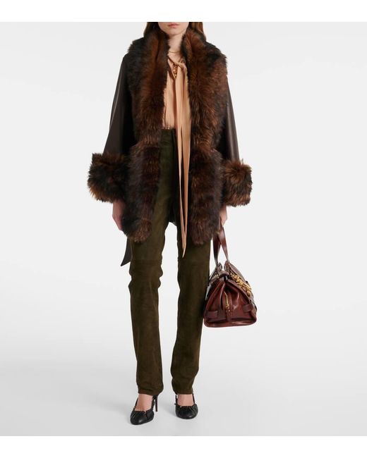 Chloé Shearling-Trimmed Leather Wrap Jacket in Brown | Lyst