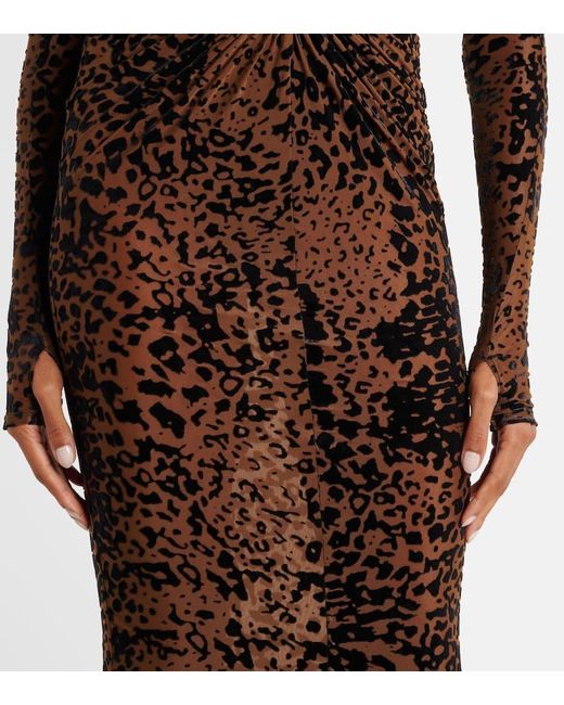 Alex Perry Leopard-Print Ruched Midi Dress in Brown | Lyst