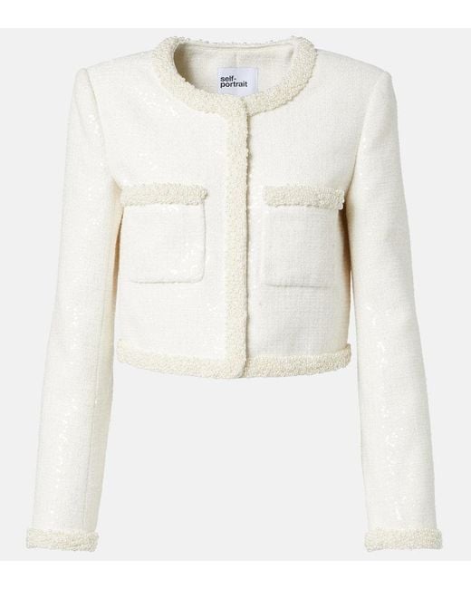 Self-Portrait Embellished Sequined Boucle Jacket in White | Lyst