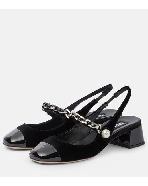 Miu Miu 35 Embellished Velvet Pumps in Black | Lyst