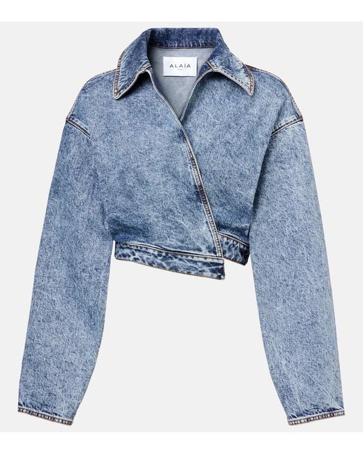 Alaïa Asymmetric Cropped Denim Jacket in Blue | Lyst