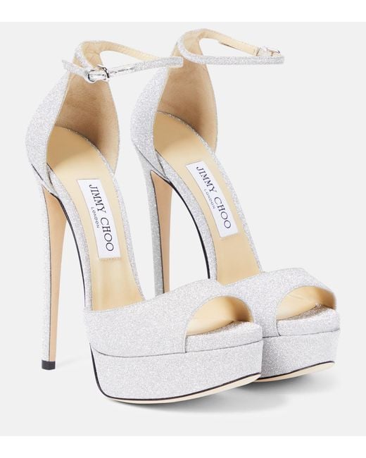 Jimmy Choo Max 150 Glitter Platform Sandals in White | Lyst