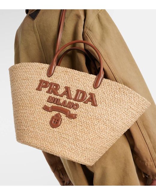 Prada Logo Leather-Trimmed Raffia Basket Bag in Metallic | Lyst
