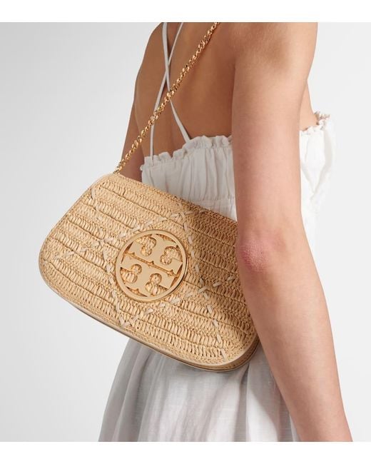 Tory Burch Reva Leather-Trimmed Raffia Clutch in Natural | Lyst